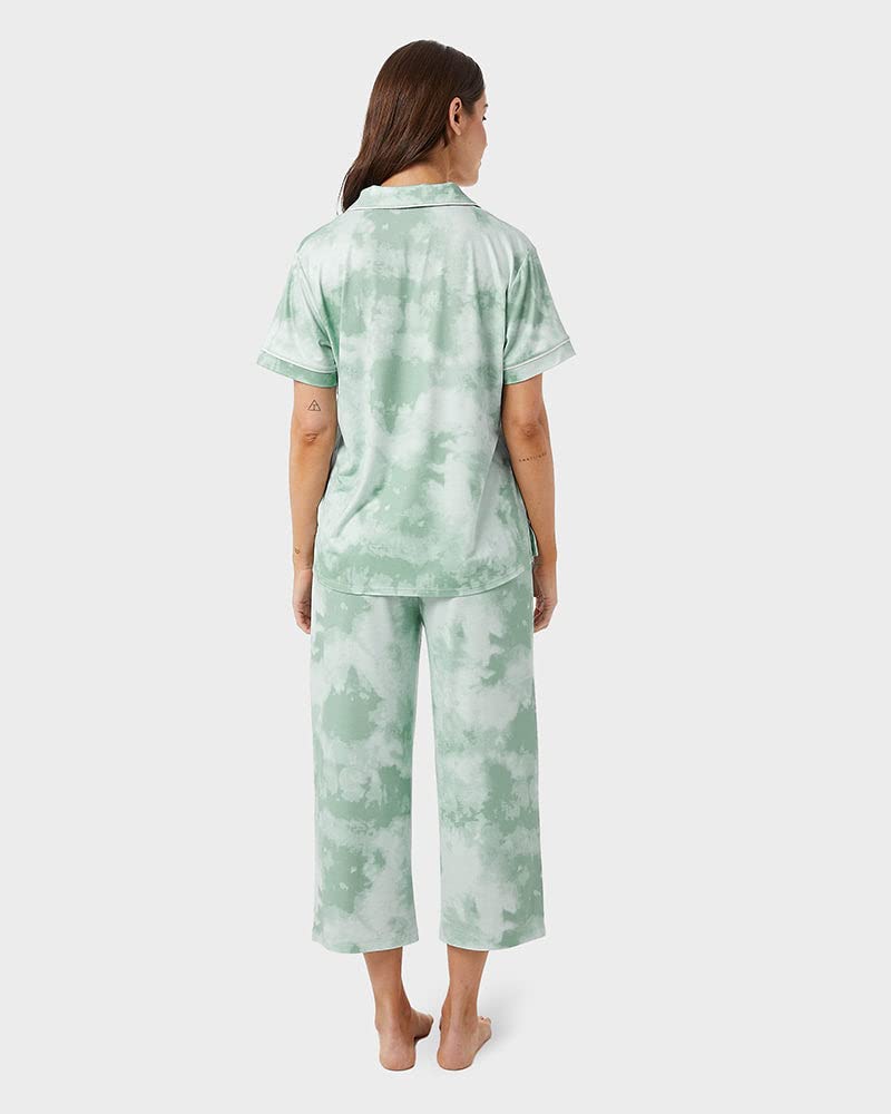 32 DEGREES Women's Cool Button Up 3 Piece Sleep Set |4-Way Stretch | Button up Top | Lounge Capri and Short, Light Mint Hazy Tie Dye, X-Large