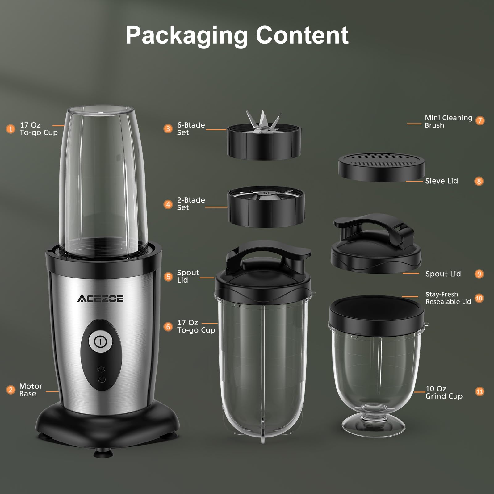 Acezoe Blender Shakes and Smoothies, 850W Portable Blender, One-Button Mixer, 3D 6-leafs, 2x17oz Personal Blender Bottle, BPA Free Kitchen, baby food, Grinding, Juice-Silver