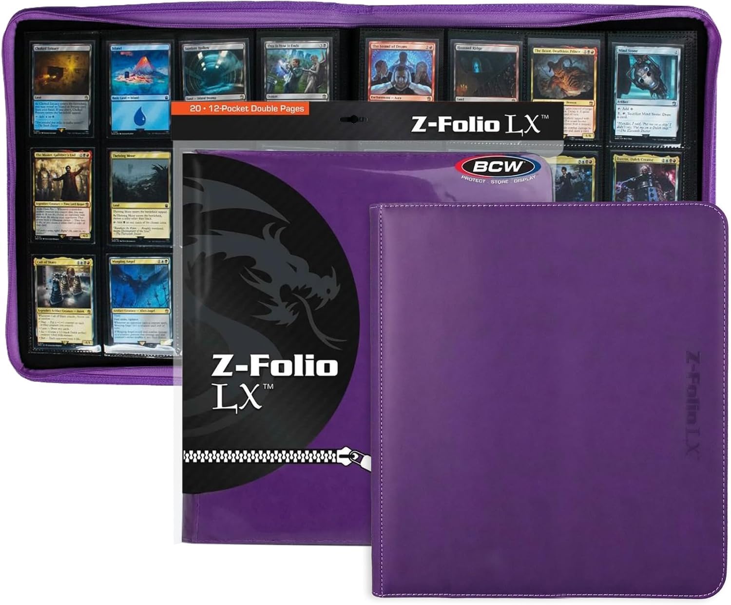 BCW Z-Folio LX Zipper Portfolio - Premium Purple Leatherette 12-Pocket Playset Album - Secure Zipper - 480 Card Capacity - Card Collector's Dream - Card Organizer - Trading Card Storage