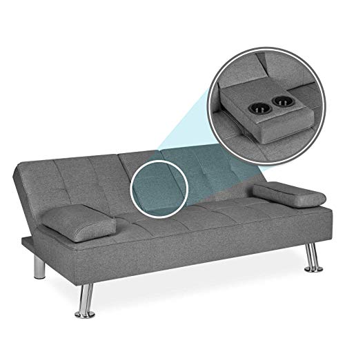 Grey Linen Upholstered Convertible Futon Sofa Bed With Cup Holder Couch Recliner Lounger Sleeper Home Living Room Bedroom Apartment Studio Modern Space Saving Furniture Décor Multifunctional Versatile