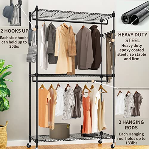 Himimi Heavy Duty Rolling Garment Rack 3 Tier Wire Shelving Clothes Rack for Clothing,Storage with Double Rods,Lockable Wheels and Side Hooks,Freestanding Metal Wardrobe Storage Rack,Black