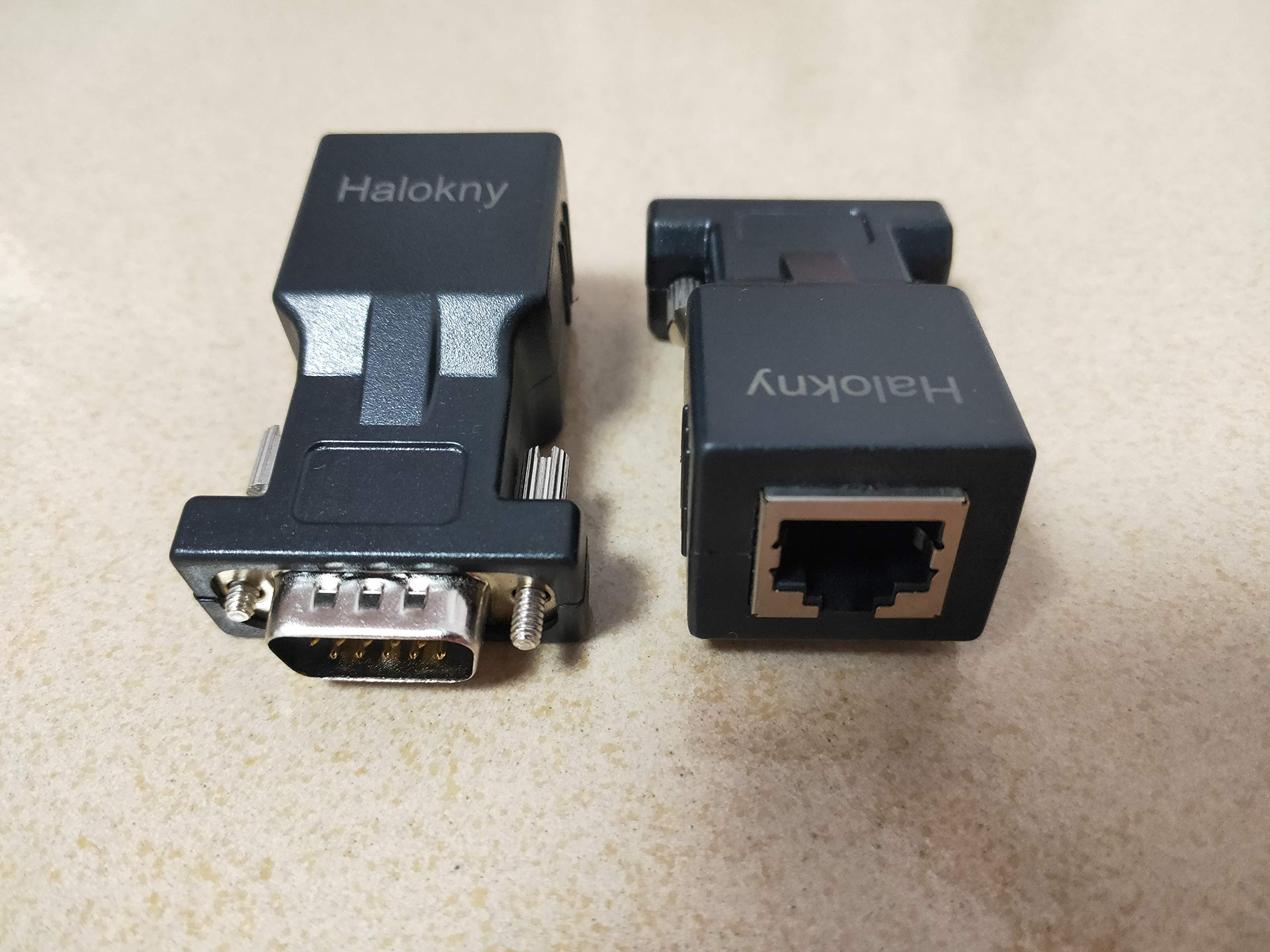 Halokny VGA Extender Over Ethernet Adapter, VGA 15 Pin Male to CAT5 CAT6 RJ45 Female Network Cable Extender Connector Adapter(2-Pack)