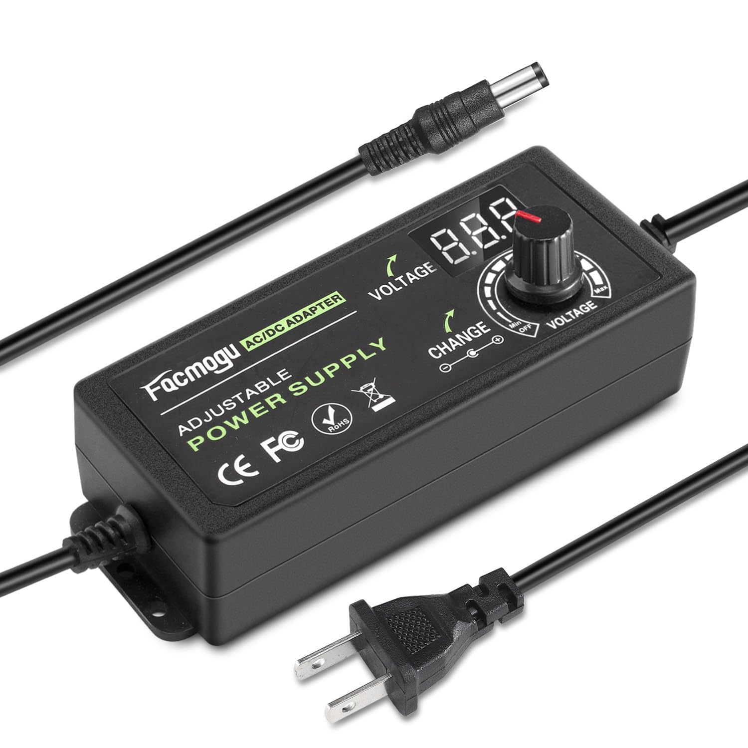 Facmogu 3V-12V 5A 60W Adjustable Power Supply with LED Display, Variable DC 3V 5V 6V 9V 12V Universal AC/DC Adapter, 100V-240V AC to DC 3-12V Switching Power Converter Multi-Voltage Regulated Adaptor