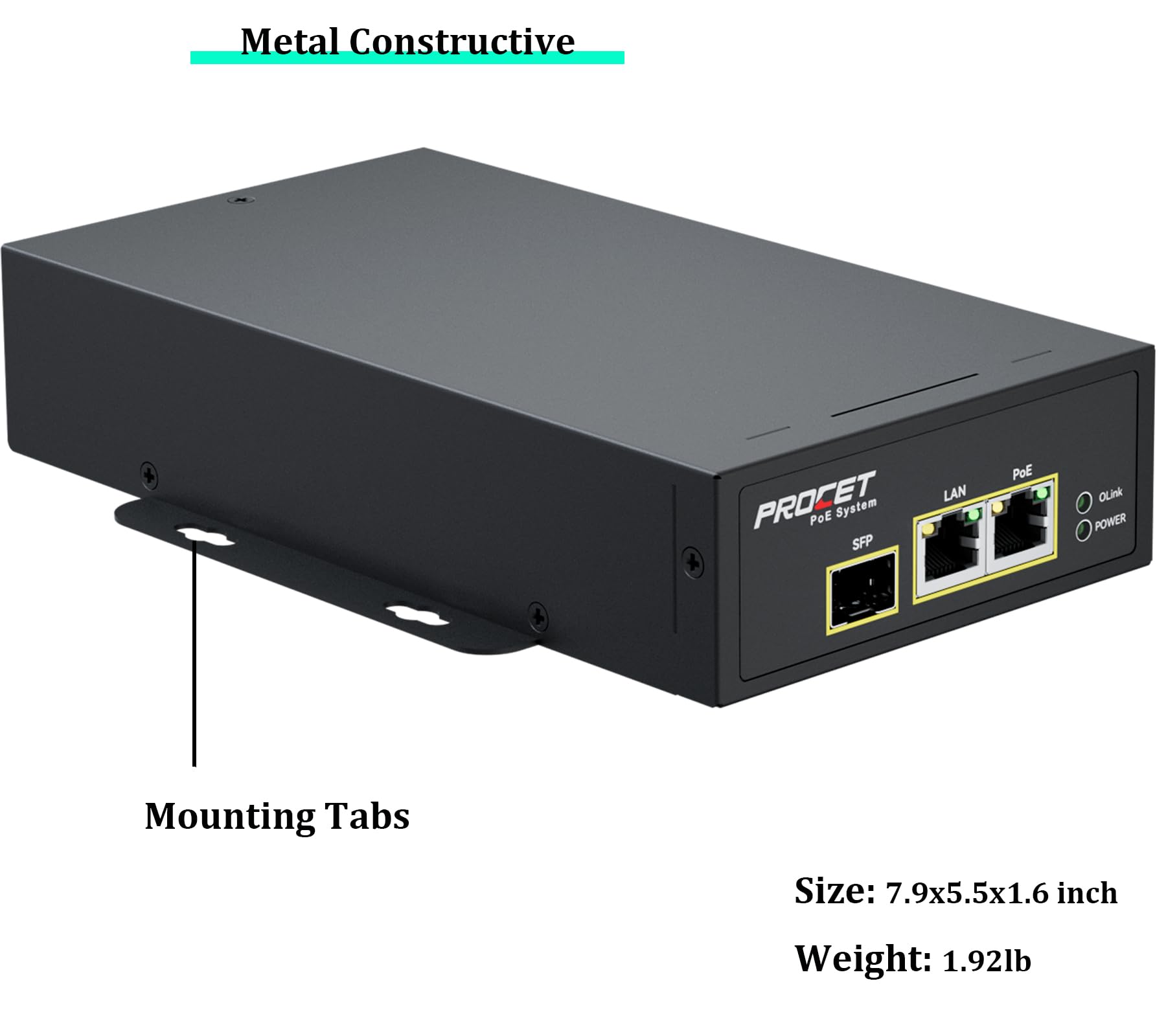 PROCET 60W SFP Fiber PoE Injector Gigabit SFP/ Uplink PoE Power Supply, LAN Multi-Options, IEEE802.3at/bt PoE++, PoE 6KV Surge Protection, Wide Temp -40℉ to 149℉, PT-PSE107GRO-S