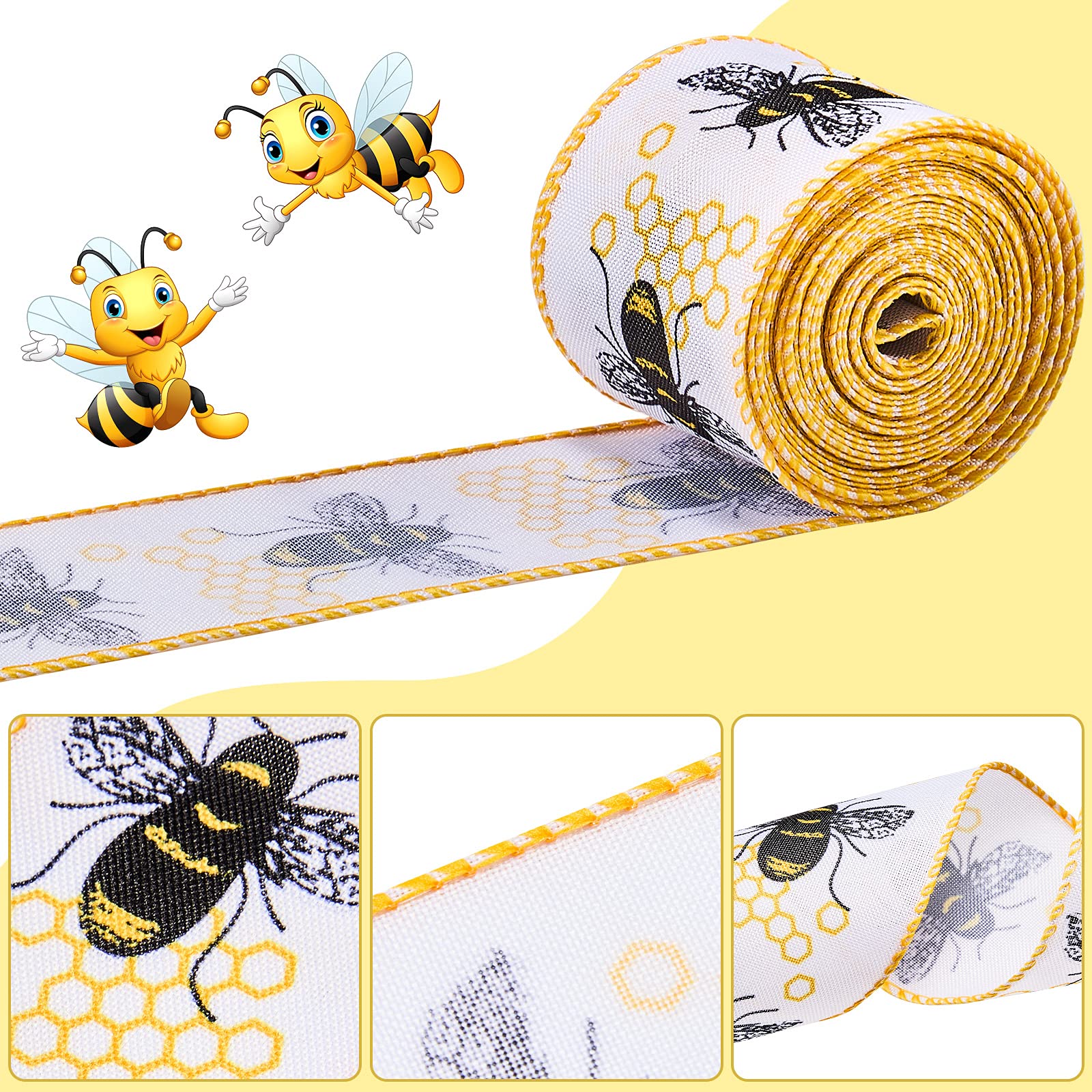 32 Yard Bumble Bee Wired Edge Ribbon Polka Dot/Stripe/Plaid Wired Edge Ribbon Vertical Stripe Craft Ribbon Bumble Bee Ribbon Home Decor-5 Rolls for Wrapping, Easter Party Decoration, Hair Bows