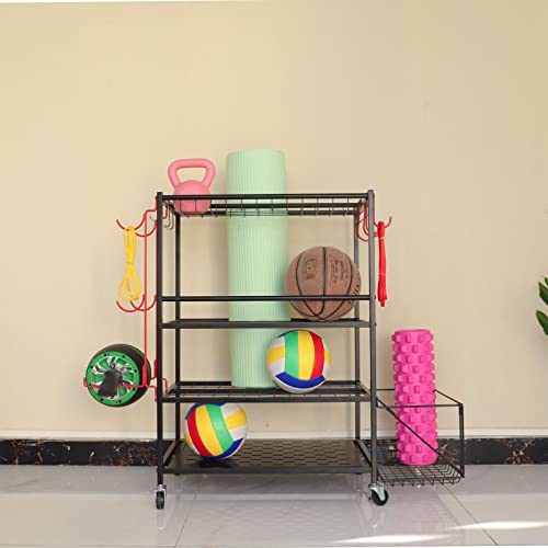 FLIORS Black 4-Tier Storage Shelving Unit with Whelss, Home Gym Storage Rack, Home Gym Workout Equipment Storage Rack, Workout Storage with Wheels and Hooks, Heavy Duty Storage Shelving
