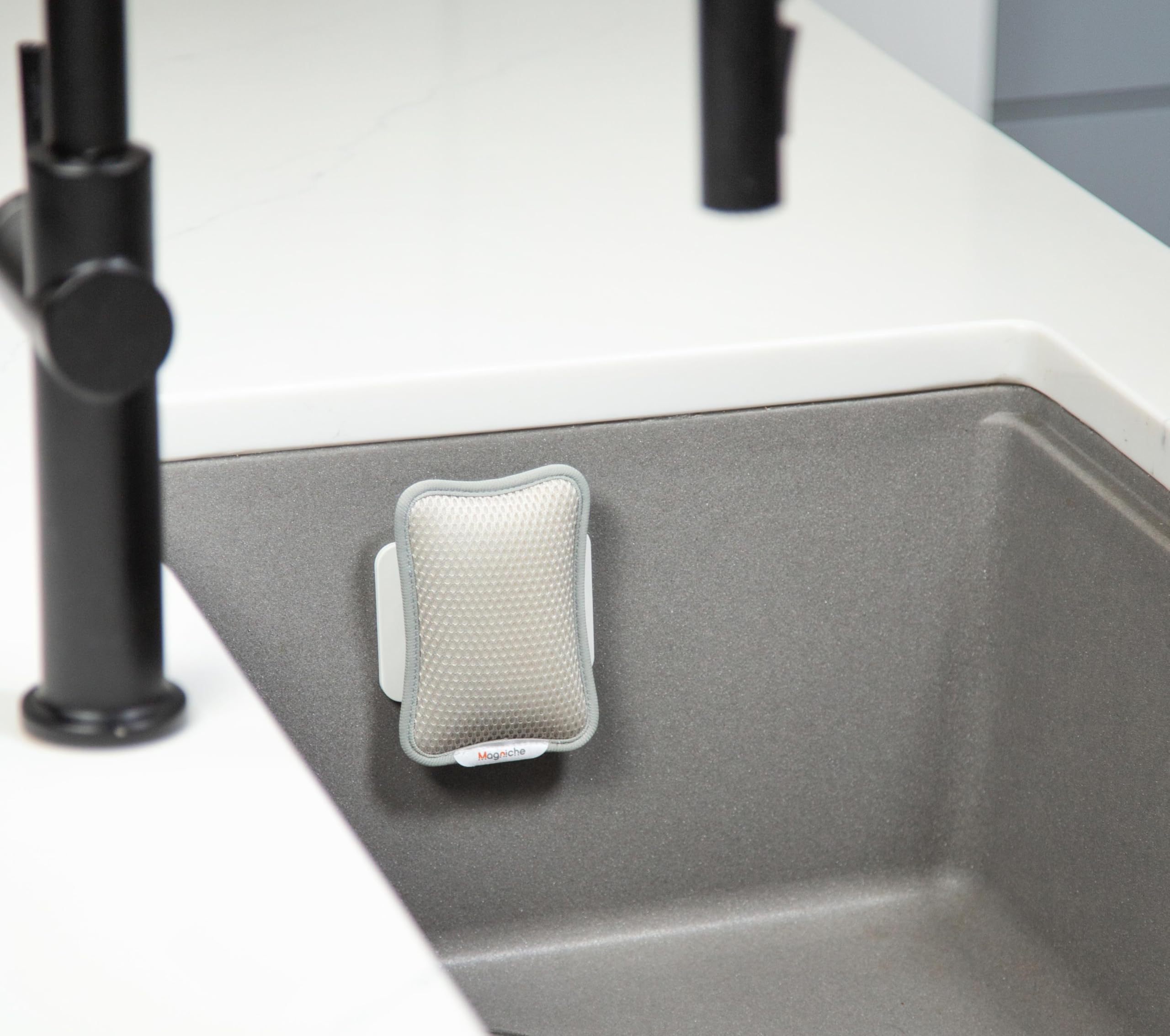 Magniche Magnetic Sponge Holder System -3-in-1 Kitchen Cleaning Combo- Magnetic Sponge Holder for Kitchen Sink, 4 Dual-Sided Dish Sponges & Scrubber, 1-Year Supply Sponges, Long-Lasting Dish Sponge