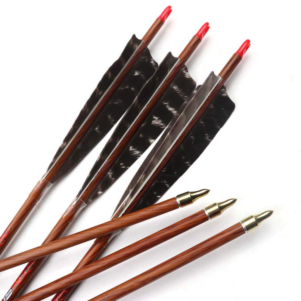 32" Carbon Arrows 400 Spine Wood-Like Arrow with 5" Real Feather Fletchings Removable Field Tips for Archery Target Practice Hunting Compound Recurve Bow Longbow 6 Pack