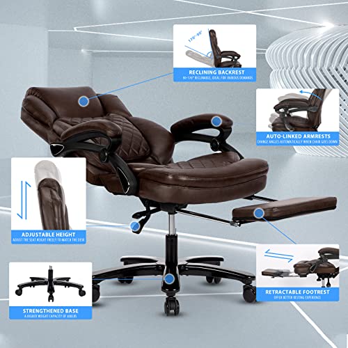 Comermax Big and Tall Home Office Desk Chairs for 400lb Heavy People, Ergonomic Reclining Office Chair with Footrest and Wide Seat, Plus Size Managerial Executive Chairs (Coffee Brown)