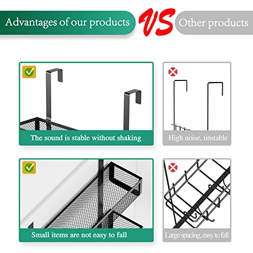 AMOOSON Over The Door Hooks Organizer Hanger, Coat Hooks Towel Rack with 2 Mesh Basket 5 Hooks Hanging Storage Spice Rack for Bathroom Bedroom Kitchen Over The Door Storage Organizer, Black