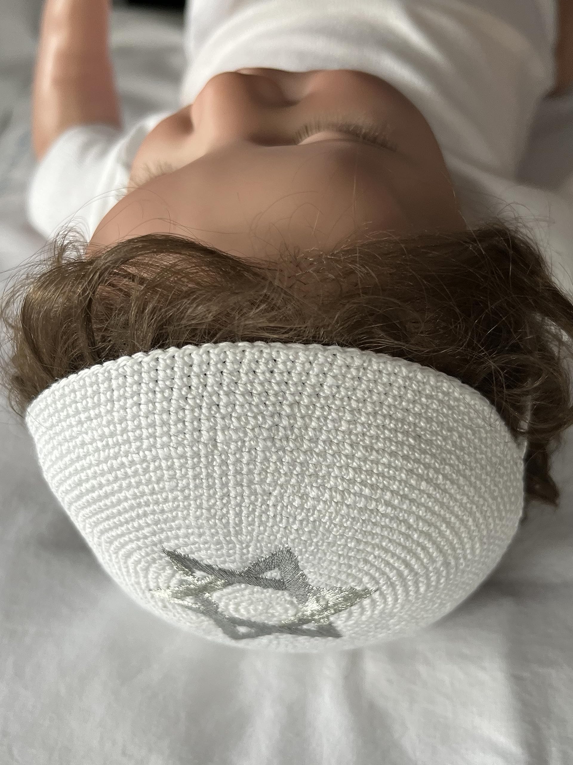 Romy & Rosie Crochet Brit Milah Yarmulke/Kippah with Ties/Baby Size 4.5 inch 11.5cm (White with Silver)
