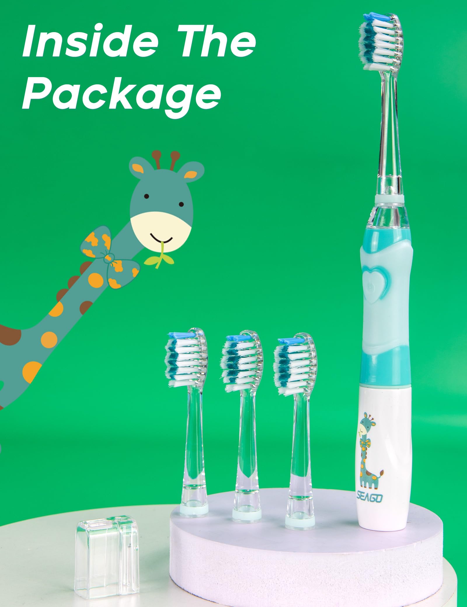 SEAGO Kids Electric Toothbrush with 2 Mins Brushing Timer and 4 Replacement Bursh Heads, Rainbow LED Light Make Brushing Fun, Green Color Boys Battery Powerd Toothbrush for 4-12 Years Old,SG-977