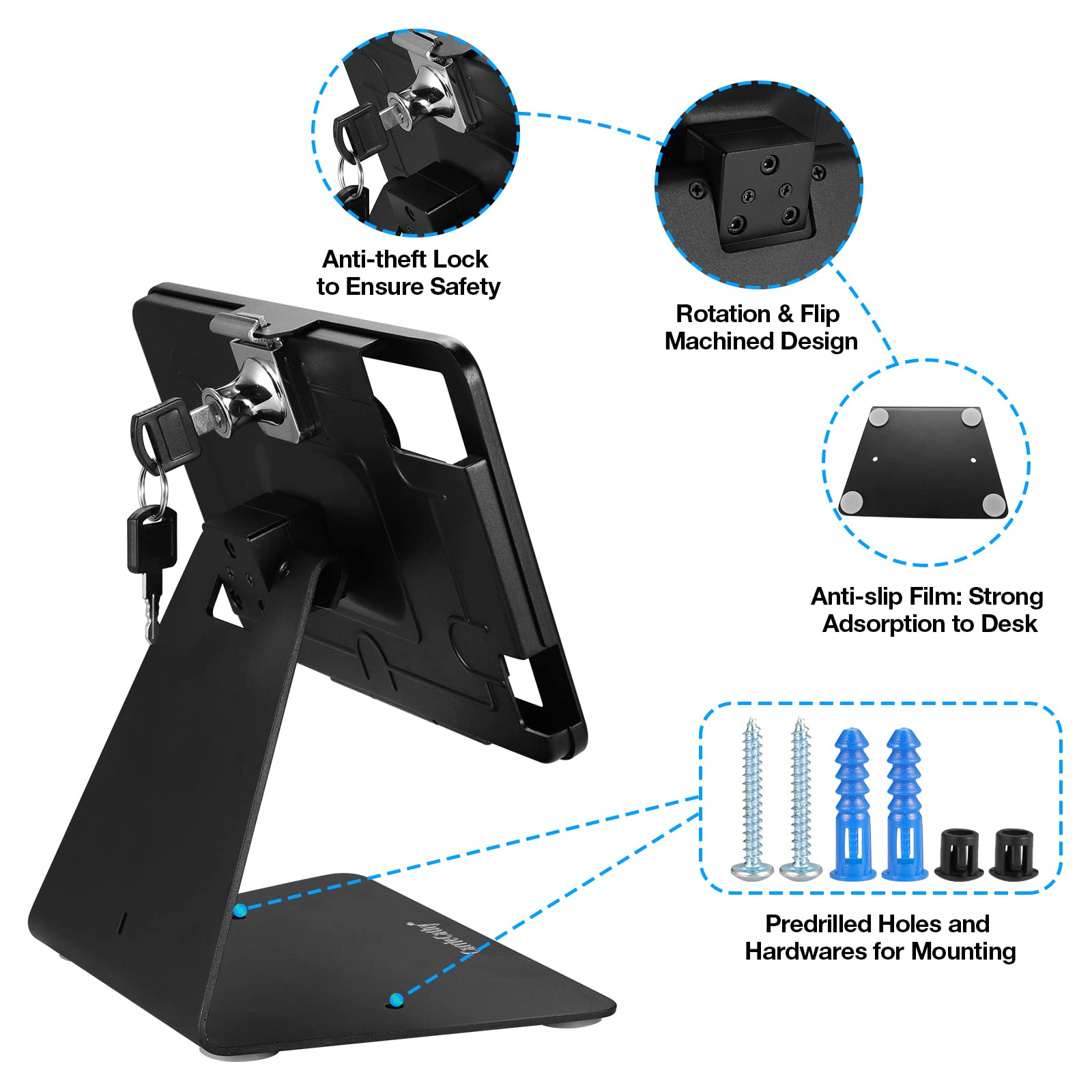 CarrieCathy Desktop Anti-Theft Security Kiosk POS Stand Holder Enclosure with Lock and Key, Compatible with iPad Mini 1-5, Flip and Rotate Design, Black