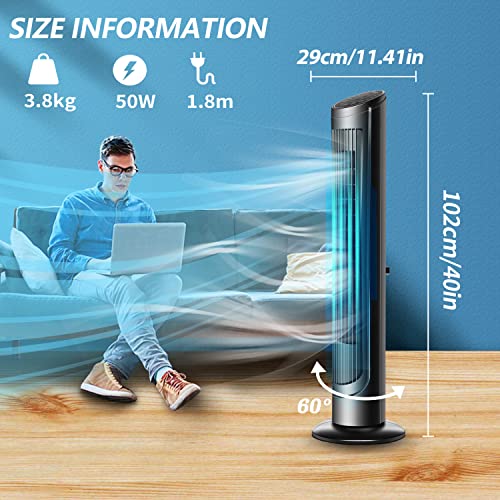 Tower Fan, 40β Oscillating Tower Fan with Remote Control, Electric Quiet Cooling Bladeless Fan 3 Wind Modes & Speeds, 7.5H Timer, Standing Floor Fan Portable for Home Bedroom Office, Black, Windy