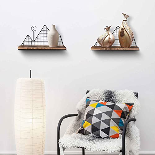 Homode Floating Shelves, Set of 2 Mountain Wall Shelves, Rustic Wood Display Storage Shelf with Metal Wire, Geometric Decor for Bathroom, Nursery, Bedroom, Office