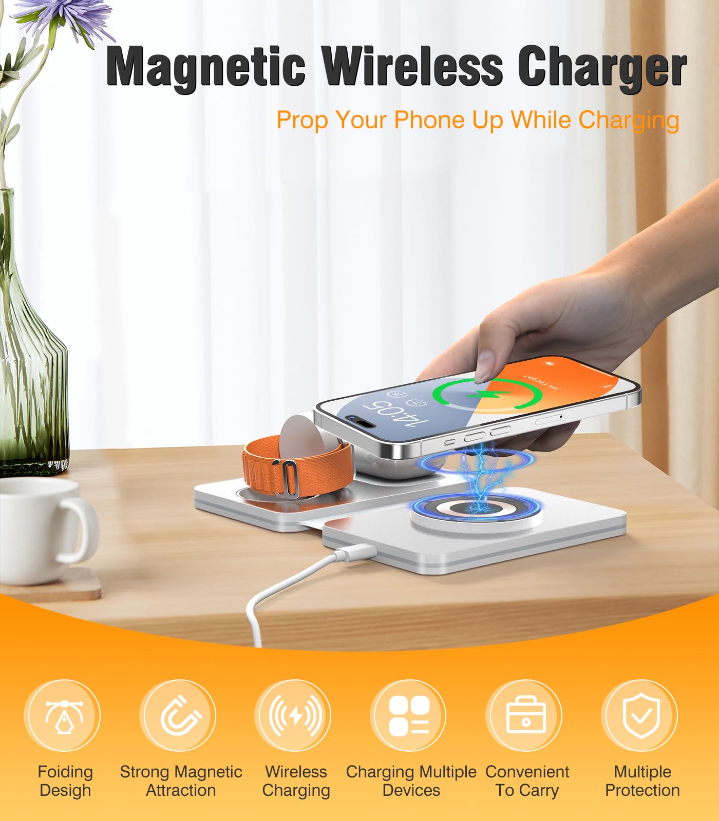 3 in 1 Charging Station for Apple Devices,21W Mag-Safe Wireless Charger,Foldable Travel Charger for Multiple Devices for iPhone15-12Series, AirPods and iWatch Series(Adapter and Travel Case Included)