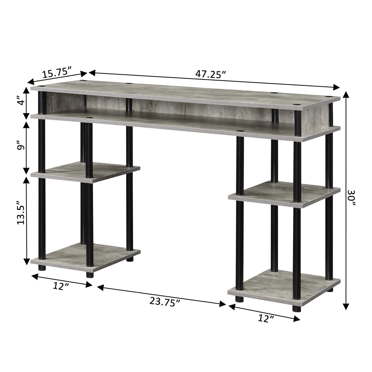 Convenience Concepts Designs2Go No Tools Desk Home Office Desk with Shelves, Corner Shelf Vanity Desk Computer Desk Nail Table for Nail Tech - 47.25" L x 15.75" W x 30" H, Faux Birch/Black