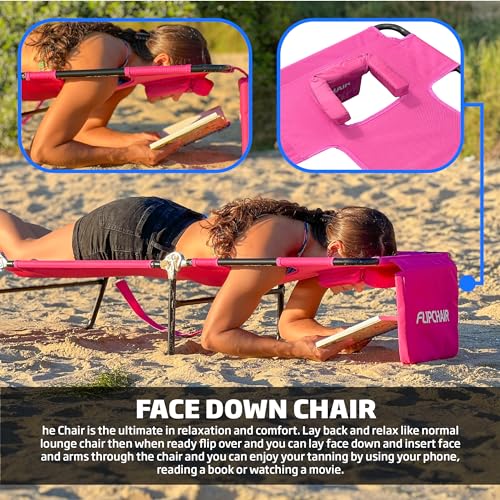 Face Down Tanning Chaise Lounge Chair - Face & Arm Holes - 2 Legs Support - Polyester Material β Backrest Positions - Head Rest Pillow - Beach or Home Use - Read and Tan - Pink Stripes Pattern