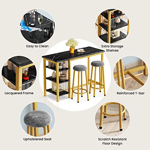 AWQM Bar Table Set with Storage Shelves, 47" Modern Black Faux Marble Breakfast Table with 2 Velvet Stools, 3-Piece Dining Set for 2, Space Saving Table for Kitchen/Dinning Room/Living Room/Studio