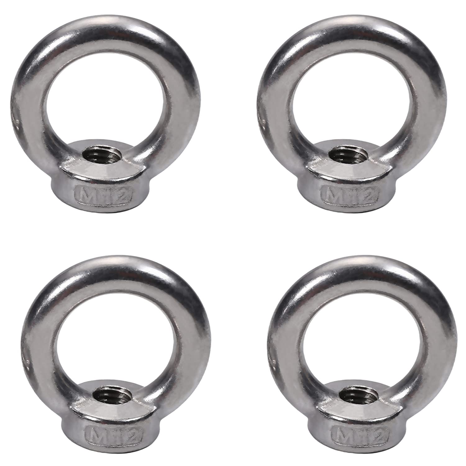 MroMax 4Pcs Lifting Eye Nut M12 Metric Female Thread Ring Shape Nut 304 Stainless Steel Round Shape Fastener Lifting Ring for Rope Fitting Silver