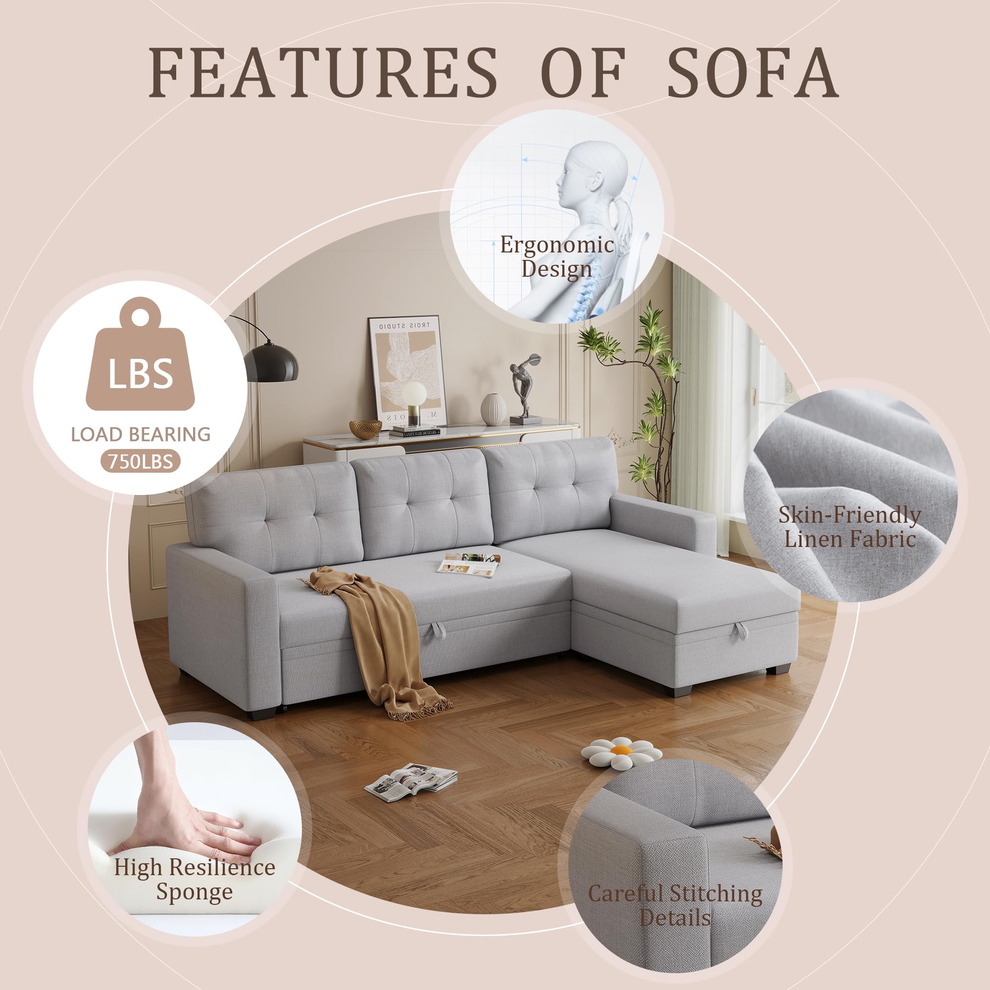 Acosure 82" Sectional Small Sofa with Pull Out Bed,L-Shape Upholstered Sleeper Couch W/Storage Chaise,Tufted Backrest Design,3 Seat Linen Convertible Sofas for Living Room Apartment Office,Light Gray