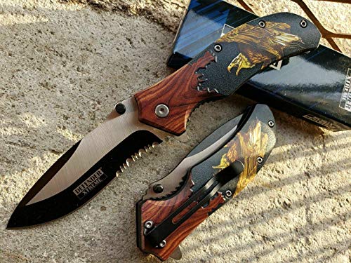 8.5" Spring Assisted Pocket Knife for Men Blade Eagle Wood Handle with Ultra Sharp Blade Premium Tactical Folding Knife Survival Hunting Camping Knives