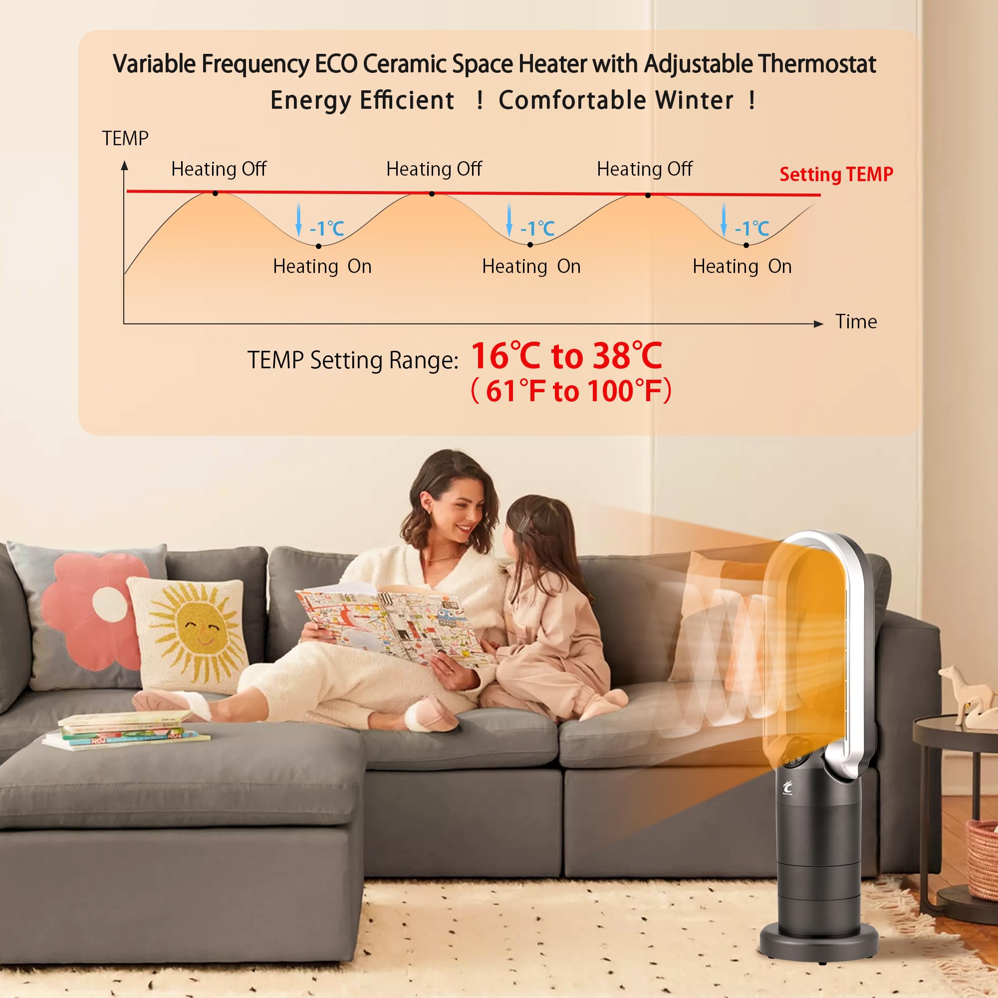 OceanLoong Bladeless Fan & Space Heater in One, Tower Fan for Bedroom Home,1500W Electric Heater with Adjustable Thermostat, Tip-Over Switch, Remote, Timer, Oscillating Table Fan, 29inch (Grey)