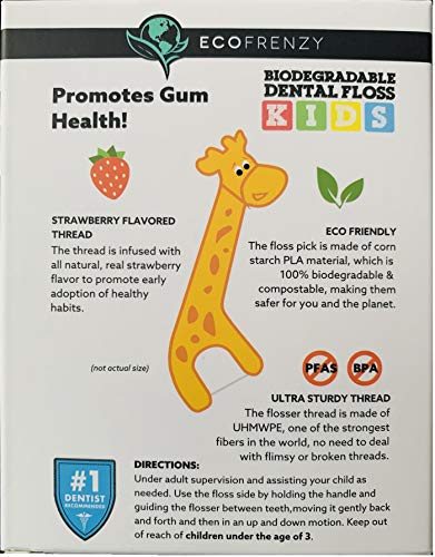 EcoFrenzy Kids Floss Picks 200 COUNT (4 packs of 50 Flossers) - BIODEGRADABLE Cornstarch - Strawberry Flavored