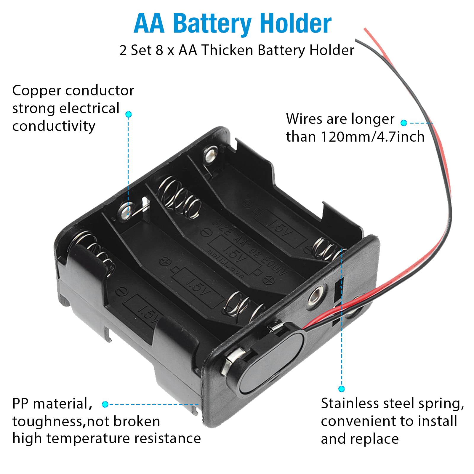 QTEATAK 2Set 8 x AA Thicken Battery Holder with I Type Wired Battery Clip Standard Snap Connector