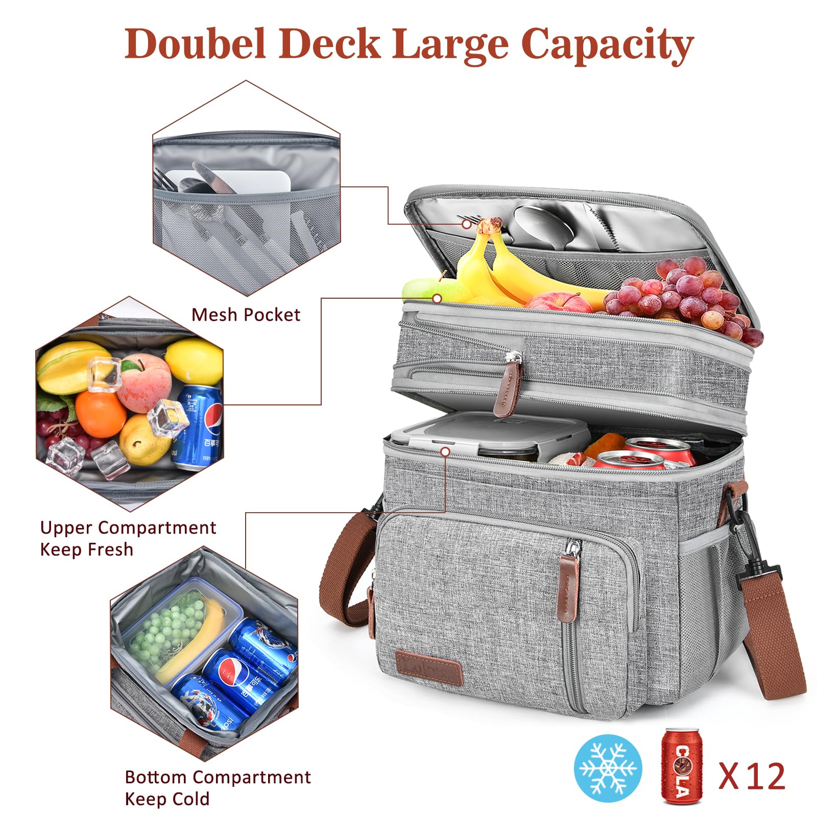 BAGNN Lunch Box & Lunch Bag for Women Men, Large Insulated Adult Lunch Box Leakproof Lunchbox Cooler Bag for Work Picnic Beach,16L, Gray