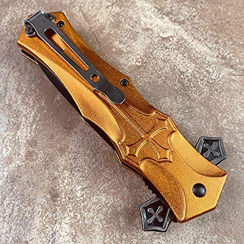 8" Folding Tactical Style Templar Knight Cross Folding Knife, Pocket Knife For Fishing, Camping, Daily Uses for Open Box, Cut Rope (Gold-440)