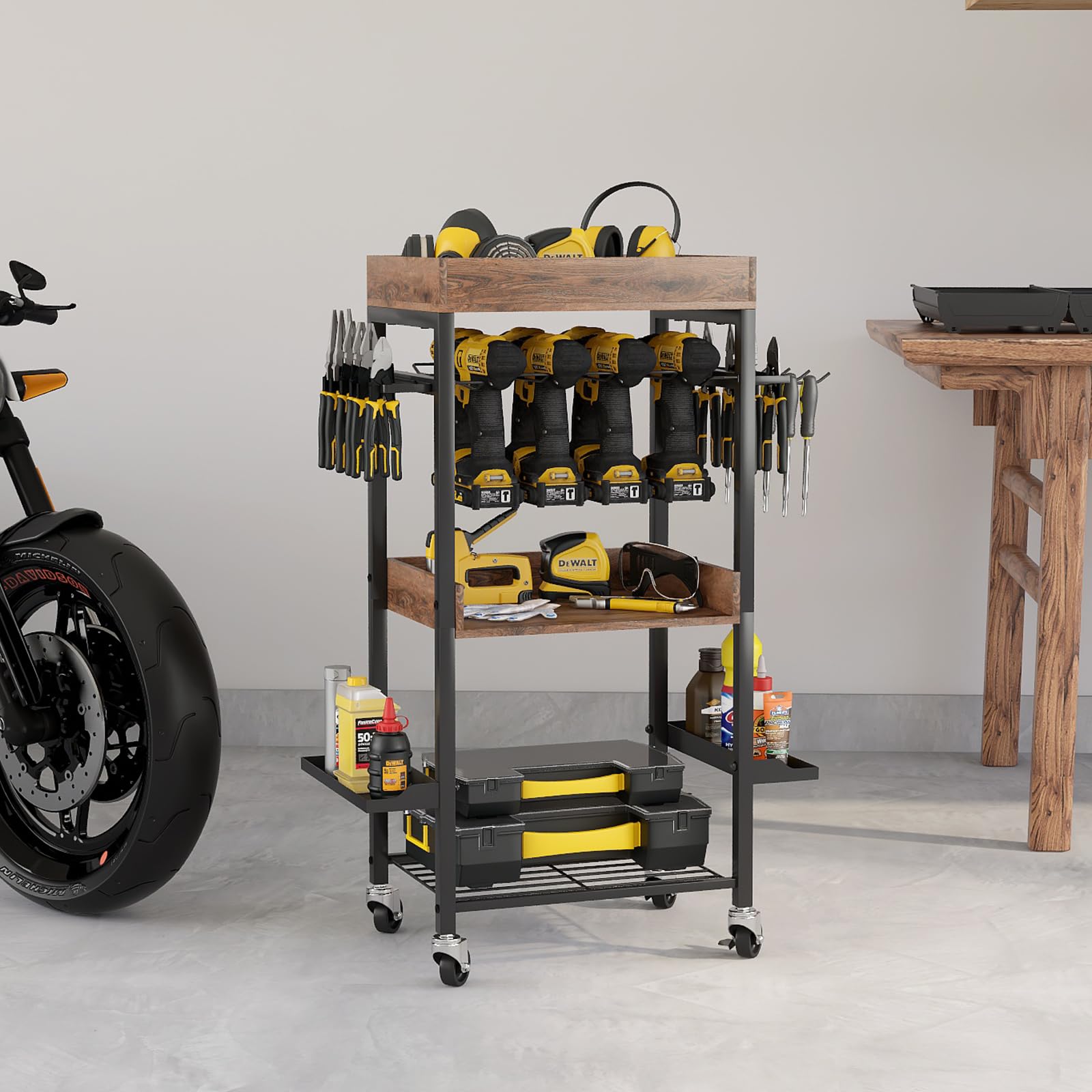 Power Tool Organizer Cart, Metal Rolling Tool Chest with Wheels, 4 Layer Garage Tool Storage Organization Shelving, Movable Drill Rack Tool Holder for Workbench, Workshop and Garage