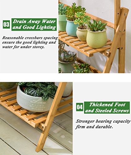 COPREE Bamboo 3-Tier Hanging Plant Stand Planter Shelves Flower Pot Organizer Rack Folding Display Shelving Plants Shelf Unit Holder