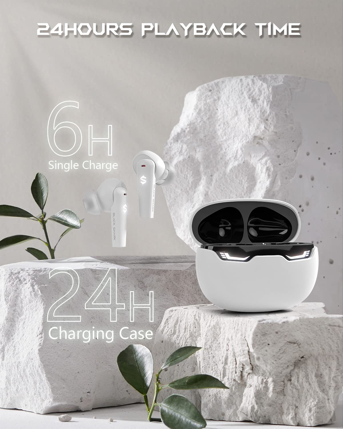 Black Shark Bluetooth Earbuds Wireless Earbuds with Emoji LED Light, Gaming Earbuds with 45ms Ultra Low Latency, Bluetooth 5.1, Music and Gaming Dual Modes, 24H Playtime, IPX5 Waterproof- White