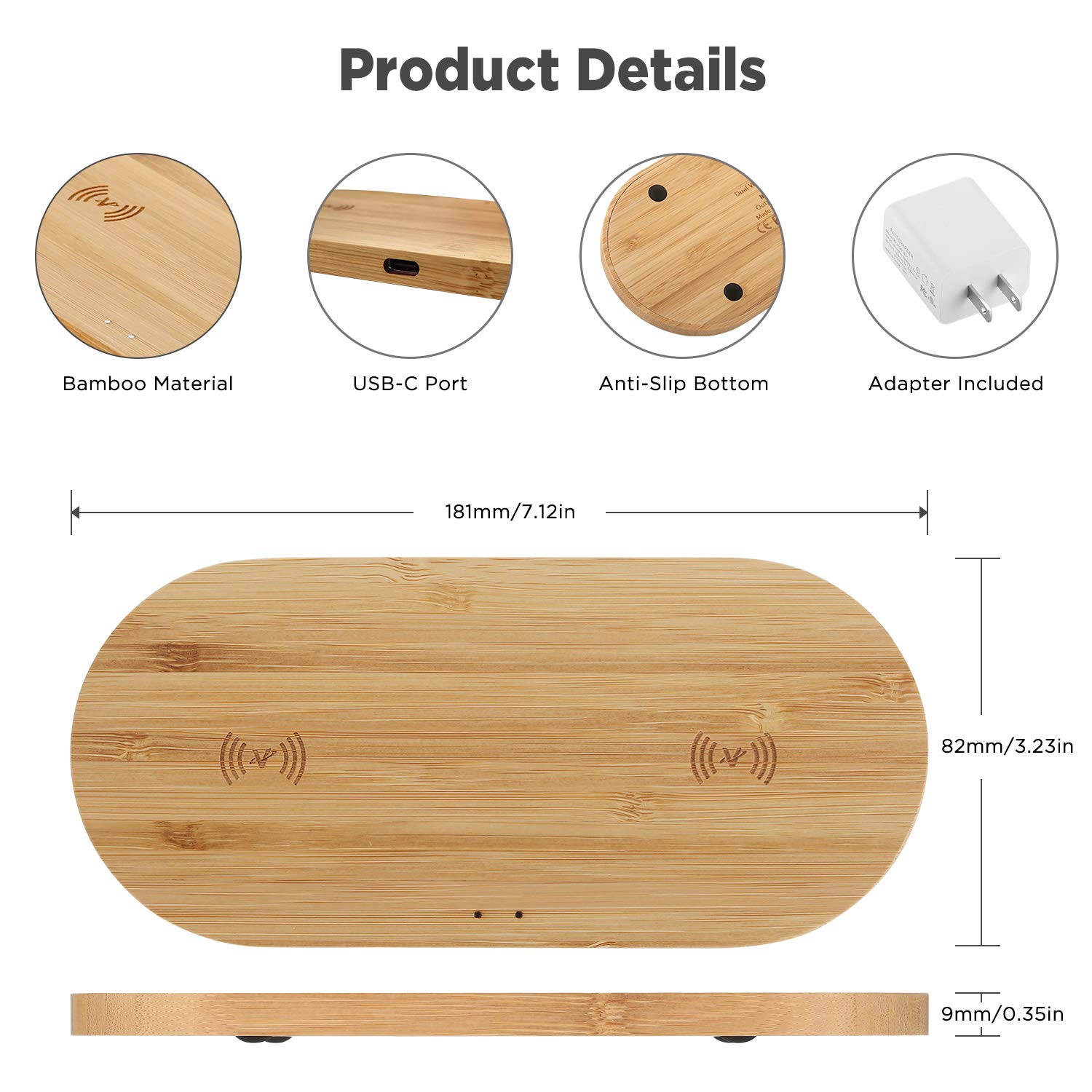 Veelink Bamboo Dual Wireless Charger, Double 10W Wireless Charging Pad Compatible iPhone SE 2020/11/Xs MAX/XR/XS/X/8/8, Samsung S20/S10/S9/S8/Note 20 (Adapter Included)