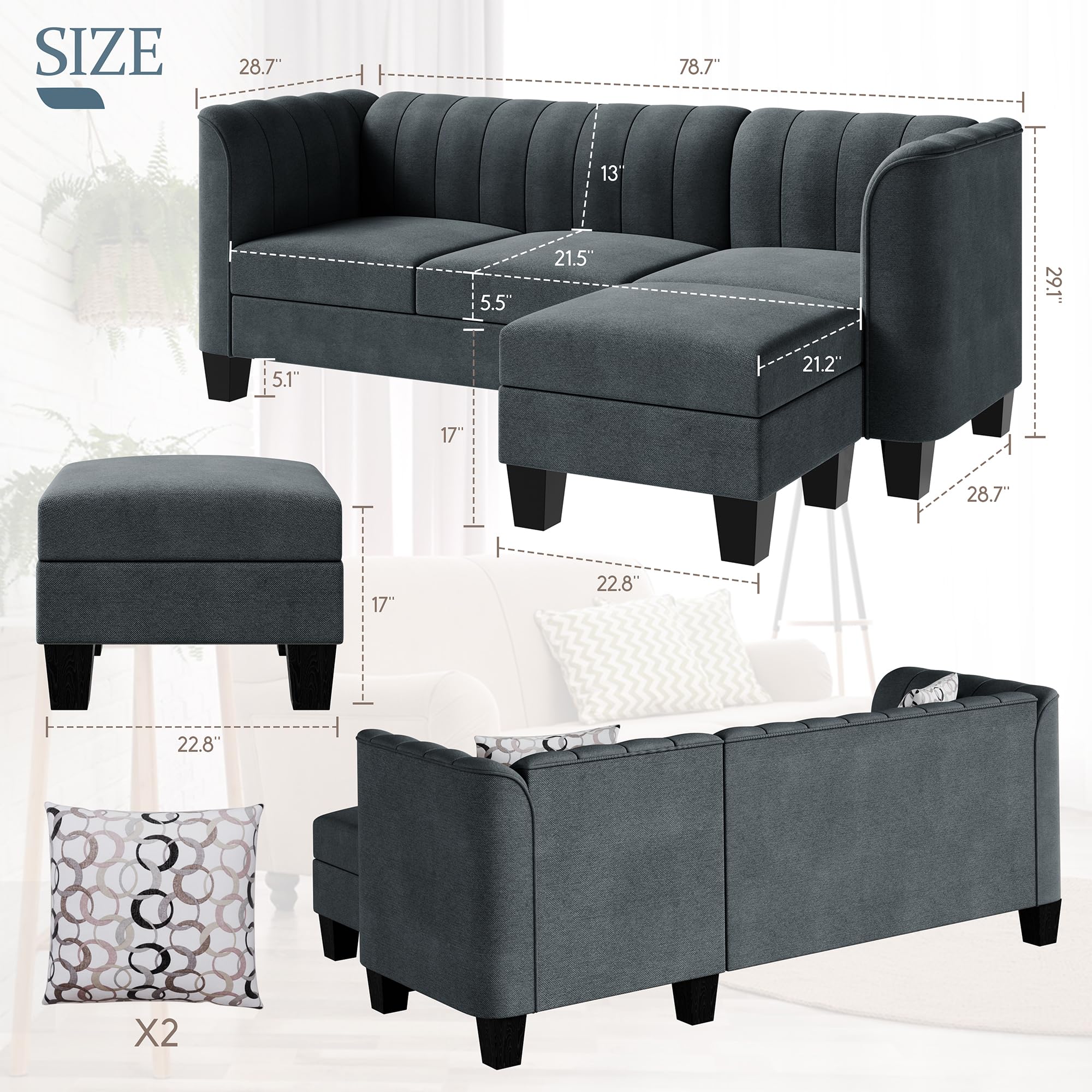 Meilocar 79” Sectional Sofa Couch, Convertible L Shaped Couch with Reversible Ottoman, Modern 3-Seat Sofa Sectional with High Armrest for Living Room, Office, Dark Grey