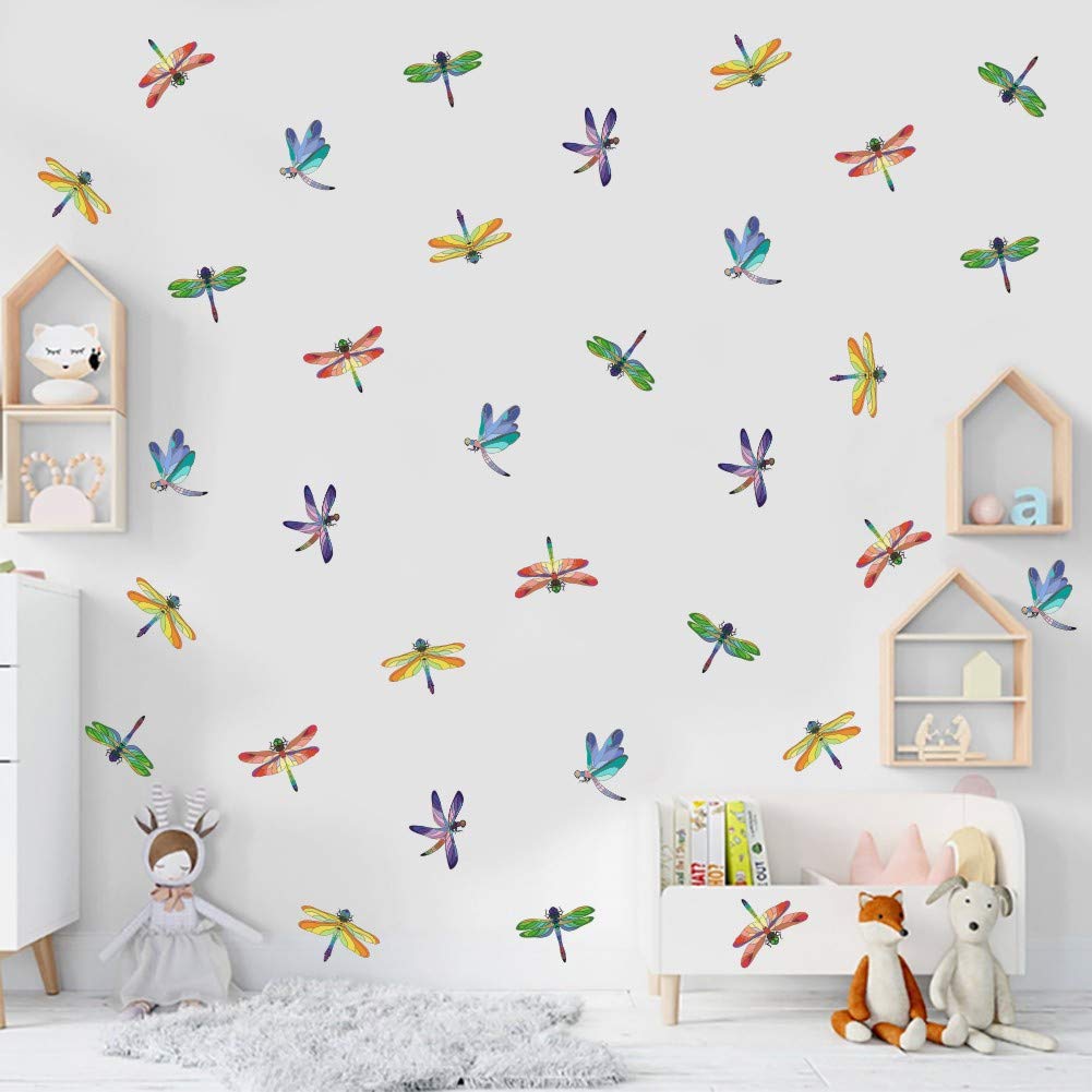 IARTTOP Watercolour Dragonfly Sticker, Colorful Dragonflies Wall Decal for Living Room Bedroom Nursery Decor, Animal Theme Window Clings Decoration