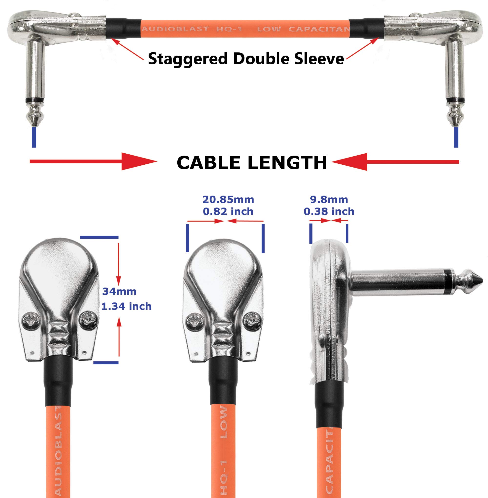 Audioblast - 6 Units - 6 Inch - HQ-1 (Orange) - Ultra Flexible - Dual Shielded (100%) - Instrument Effects Pedal Patch Cable w/ ¼ inch (6.35mm) Low-Profile, R/A Pancake TS Plugs & Dual Staggered Boots