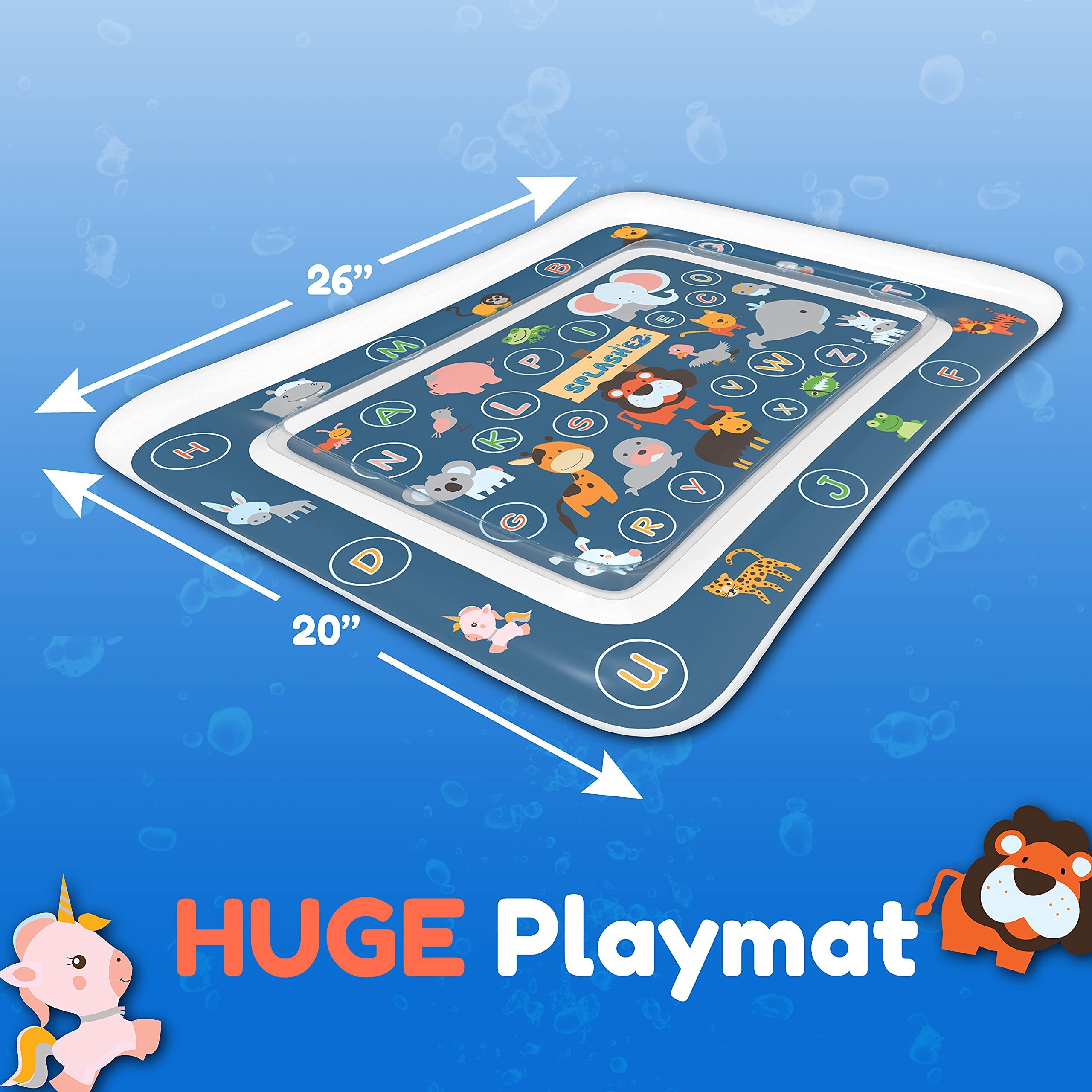 SplashEZ Water Mat for Babies β Inflatable Tummy Time Water Play Activity Mat with Animals & Letters Stimulates Brain Development β BPA-Free, Sensory Baby Boy & Girl Mats, 26x20x2.5 in.