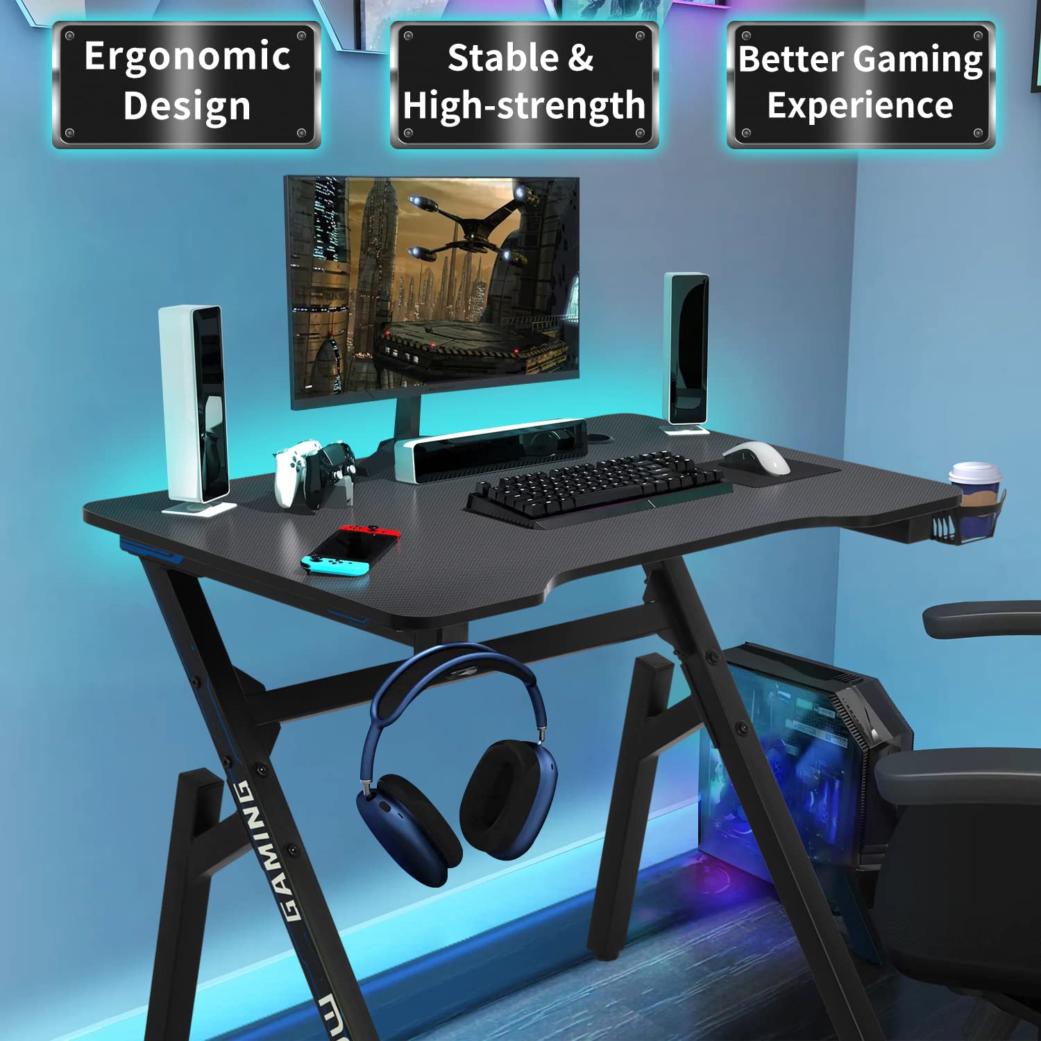 35" Gaming Desk Student Computer Desk Home Office Desk Gamer PC Workstation Large Modern Ergonomic Pc Carbon Fiber Writing Desk Table with Cup Holder Headphone Hook R Shape Table, Blue