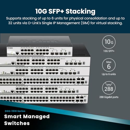 D-Link 52-Port Gigabit Stackable Smart Managed Switch with 10G Uplinks | 48 Gigabit Ports + 4 10GbE SFP+ Ports| L2+/L3 Lite |VLANs |Web Managed |Surveillance Mode |NDAA Compliant (DGS-1510-52X)