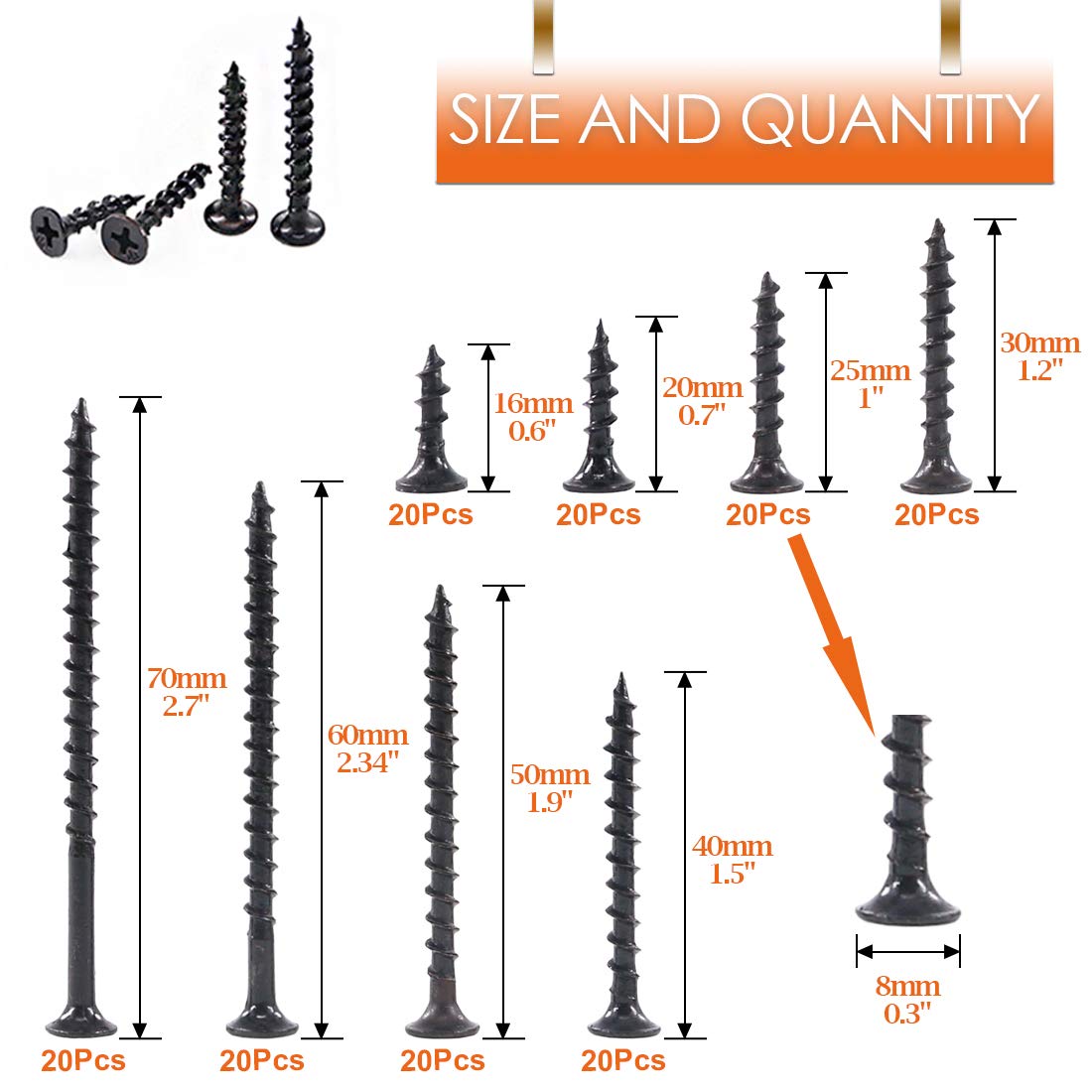 Rustark 160-Pcs #7 Coarse Thread Drywall Screw with Phillips Drive Black Oxide Finsh Bugle Head Wood Screws Assortment Kit Ideal for Drywall Sheetrock