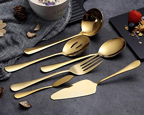 HOMQUEN 6-Piece Gold Serving Flatware Silverware Set,Stainless Steel Serving Utensil Set,Include Cake Server, Slotted Serving Spoon, Serving Spoon, Cold Meat Fork, Butter Knife, Soup Ladle