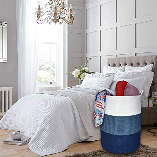 COMSE Extra Large Blanket Basket, High Storage Basket, Tall Rope Laundry Basket, 15.7βx 21.7β, Cotton Rope Basket, XXXL Laundry Basket, Toy Basket, Clothes Baskets,White/Cadet Blue/Navy Blue