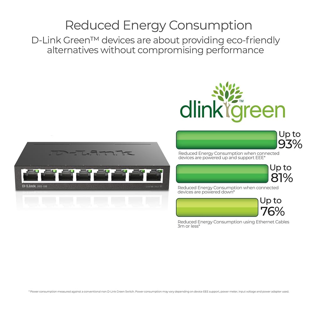 D-Link Ethernet Switch, 8 Port Gigabit Unmanaged Metal Fanless Desktop or Wall Mount Design (DGS-108), Black