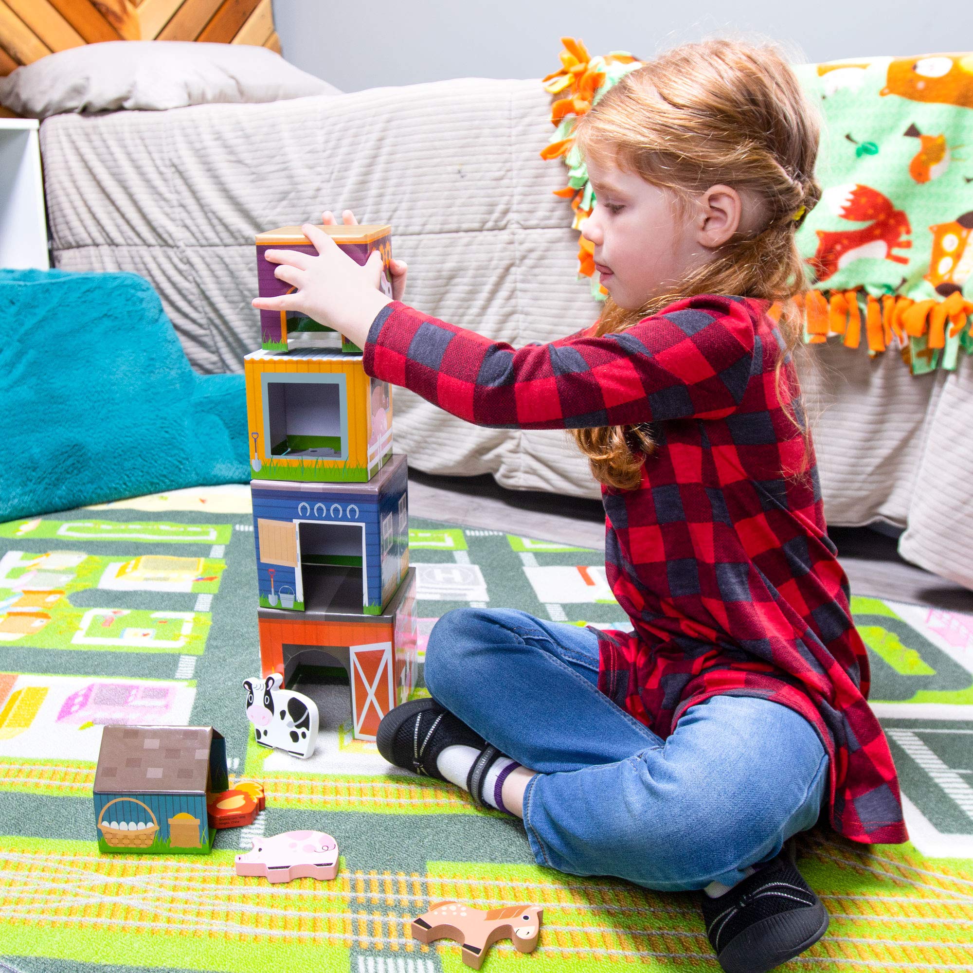 Friendly Farm Match 'n Stack Nesting Blocks | 5 Barnyard Pals & Stackable Home Boxes | Wooden Animals Fit into Colorful Cube Shapes | Includes Chicken, Cow, Pig, Horse, and Rabbit | Classic Kids Toy