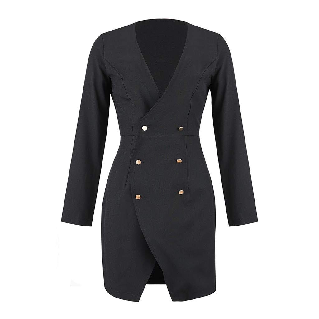 F_Gotal Dresses for Women Double Breasted Button Front Business Pencil Style Long Dress for Work Casual Formal Black