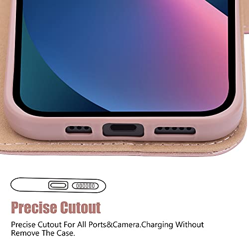 Arae Compatible with iPhone 13 Case[ Not for iPhone 13 Pro] with Card Holder and Wrist Strape Wallet Flip Cover for iPhone 13 6.1 inch-Rose Gold