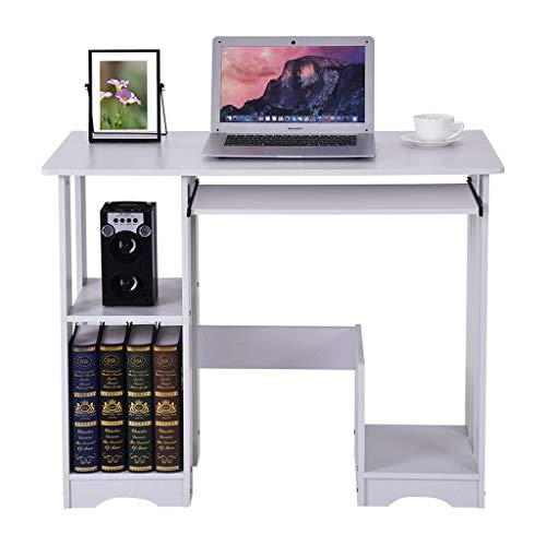 OKBOP Desktop Home Computer Desk with Storage Shelves Keyboard Tray, Modern Writing Desk Wood Student Study Table Notebook Workstation, White Small Office Desk (White)