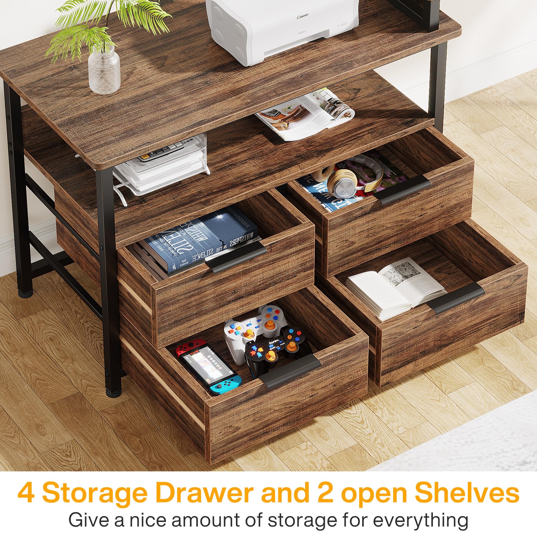 Tribesigns Reversible L-Shaped Desk with Drawers, Corner Home Office Desk with Storage Shelves, Industrial Writing Workstation Table for Home Office, Small Space (Rustic Brown)